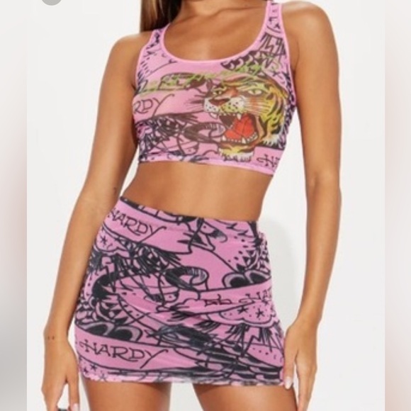 Ed Hardy | Tops | Ed Hardy Pink Graphic Crop Top And Skirt Small | Poshmark